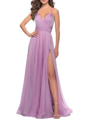 LABOMME Chiffon Gown With Ruched Bodice And Slit - Lavender