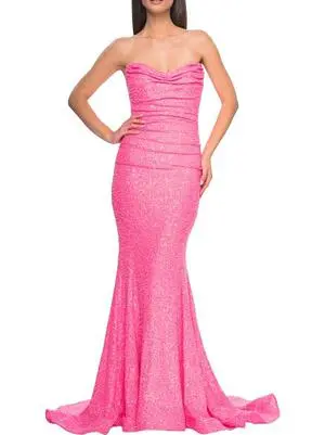 LABOMME Strapless Sweetheart Mermaid Sequin Gown - Neon Pink