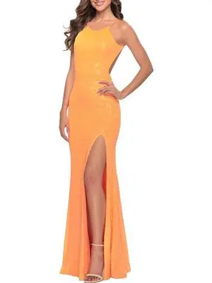 LABOMME Sequin High Neck Gown With Open Back - Orange