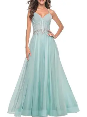 La Femme A-line Tulle Prom Gown With Rhinestone Belt Detail - Light Blue