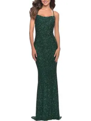 La Femme Sequin Gown With Open Back - Emerald