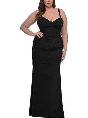La Femme Corset Net Jersey V-neck Dress - Black