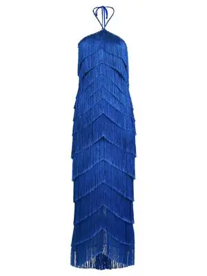 Unknown Francesca Miranda Estrella Fringed Silk-blend Maxi Halter Dress - Blue