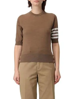 Thom Browne Thom Browne Short-Sleeved Crew Neck Jumper In Virgin Wool With 4-Bar Stripe Walnut