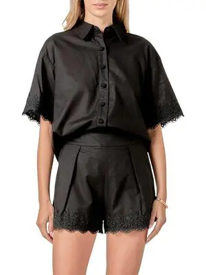 English Factory Embroidered Lace Linen Blend Shirt - Black