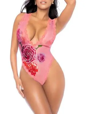 MAPALE Strappy Floral Mesh Teddy - Blushing Pedal