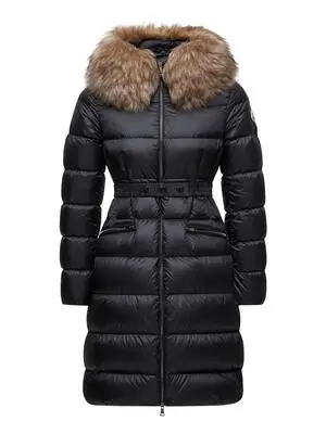 Moncler Boedic Long Down Jacket With Hooded Shearling Trim - Black