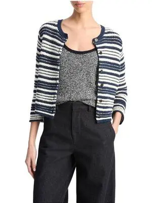 Vince Textured Stripe Italian Cotton Cardigan - White
