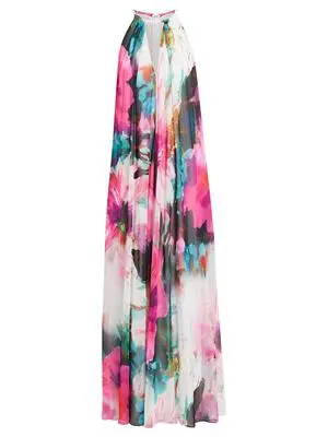 Badgley Mischka Gathered Printed Chiffon Maxi Dress - Pink