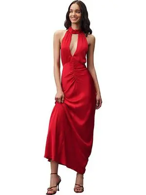 Shona Joy Tatum Mock-neck Halter Cutout Ruched Satin Maxi Dress - Grenadine