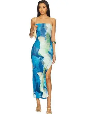 MORE TO COME Strapless Maxi Dress With Abstract Print And Side Slit - Blue Multi