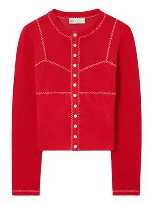 Tory Burch Cotton And Nylon Mesh Cardigan - Bright Red/white