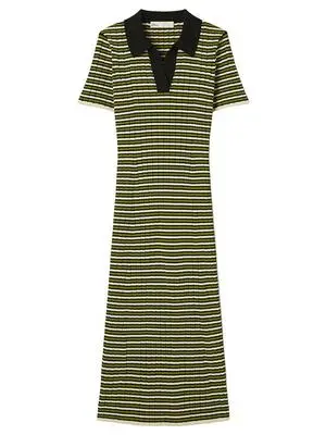Tory Burch Stripe Knit Polo Midi Dress - Deep Walnut