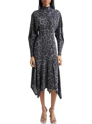 Stella McCartney Leopard Print Handkerchief Hem Midi Dress - 1230 - Ash Grey