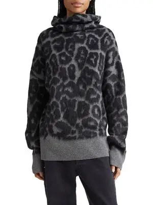 Stella McCartney Leopard Jacquard Virgin Wool Funnel Neck Sweater - 1010 - Black/ Grey