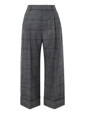 Brunello Cucinelli Cropped Bead-embellished Pleated Prince Of Wales Checked Wool Wide-leg Pants - Gray