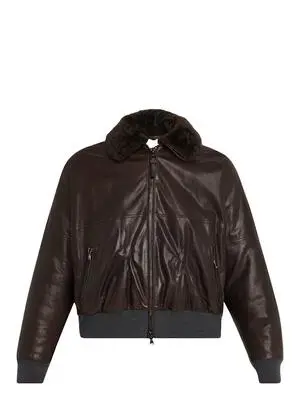 Brunello Cucinelli Leather Biker Jacket With Shearling Collar - Coffee