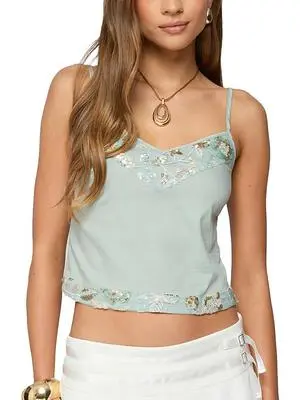 EDIKTED Sequin & Bead Woven Tank Top - Sage