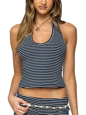 EDIKTED Striped Ribbed Halter Top - Navy And White