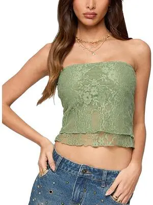 EDIKTED Liri Layered Lace Tube Top - Olive