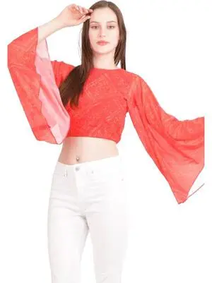 RAAS Printed Crop Top With Bell Sleeves - Red
