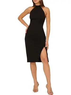 Adrianna Papell Beaded Neck Crepe Midi Sheath Dress - Black