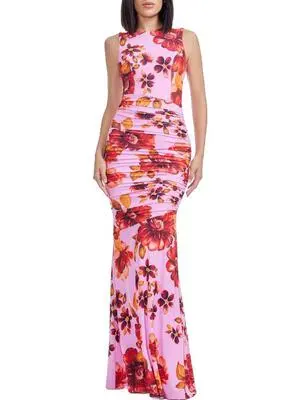 Dress The Population Violetta Floral Print Gown - Bright Rose Multi