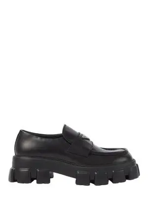 Prada Logo Leather Platform Loafers - Black