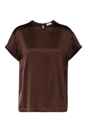 Brunello Cucinelli Monili Silk-Blend Satin T-Shirt Brown