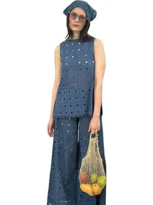 Miguelina Lilly Patchwork Eyelet Wide-leg Pants - Blue