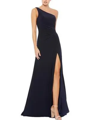 Mac Duggal One-shoulder Ruched Jersey Gown - Midnight