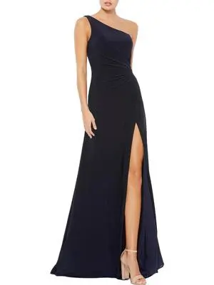 Mac Duggal One-shoulder Ruched Jersey Gown - Midnight