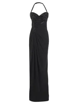 GAURAV GUPTA Athena Embroidered Draped Halter Gown - Black