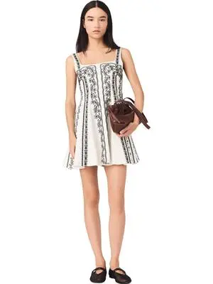 Maje Linen Mini Embroidered Strap Dress - Ecru / Black