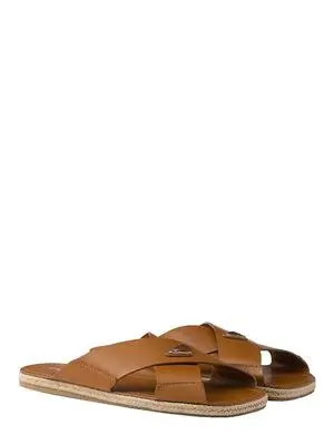 Prada Crisscross Leather Slides - Light Brown