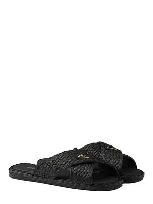 Prada Raffia Crisscross Slides - Black