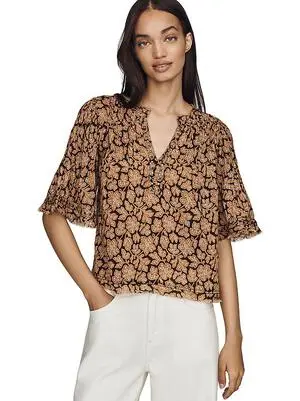 Anthropologie Floral Pintucked Short Sleeve Blouse - Black Pattern