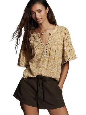 Anthropologie Pintuck Short-sleeve Swing Top - Gold