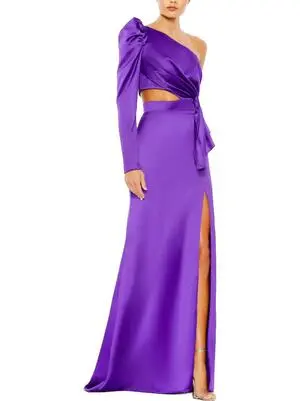 Mac Duggal Side Knot One-sleeve Puff Cutout Evening Gown - Purple