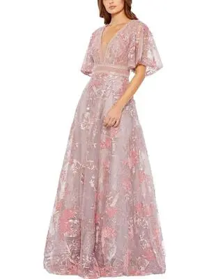 Mac Duggal Embroidered Flounce Sleeve A-line Gown - Pink