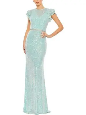 Mac Duggal Sequined High Neck Gown With Flutter Sleeves - Ice Blue