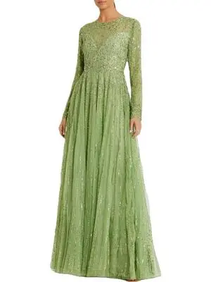 Mac Duggal Sequined Illusion High Neck Long Sleeve Gown - Sage