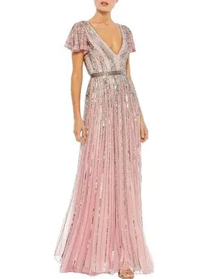 Mac Duggal Sequin Striped V-neck Gown - Rose