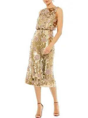 Mac Duggal Hand Beaded High Neck Midi Dress Gold Amethyst