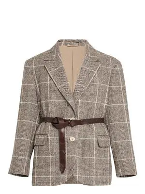 Brunello Cucinelli Belted Wool Alpaca Check Blazer - Brown