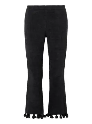 CAP D’ANTIBES Cropped Tasseled Cotton-terry Flared Pants - Black
