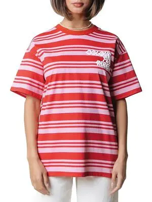 COLOURFUL REBEL Puff Logo Stripe Loose Fit Tee - Fresh Pink
