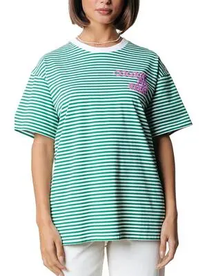 COLOURFUL REBEL Puff Logo Stripe Loose Fit Tee - Green