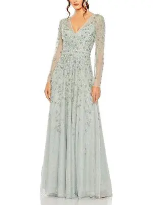 Mac Duggal Embellished Wrap-Over Illusion Long Sleeve A-Line Gown Sage