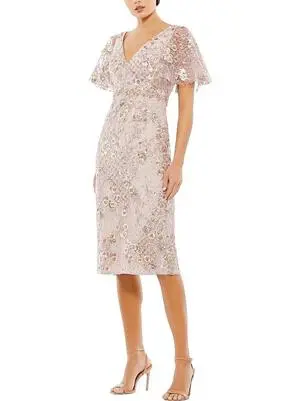 Mac Duggal Embellished Illusion Butterfly Sleeve Cocktail Dress - Rose Pink